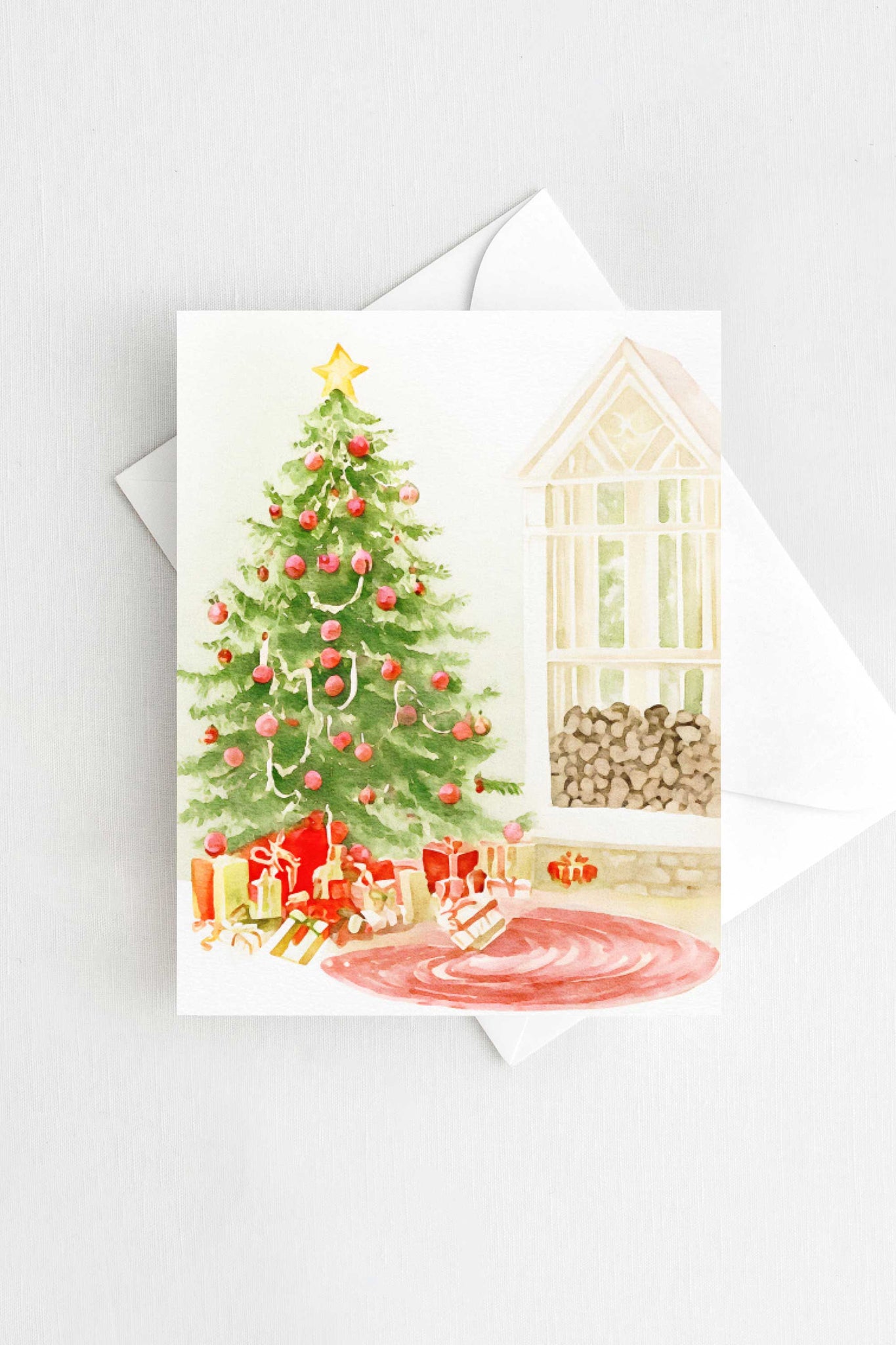 Christmas Tree and Wood Stack Holiday Card Watercolor – Tea and Becky
