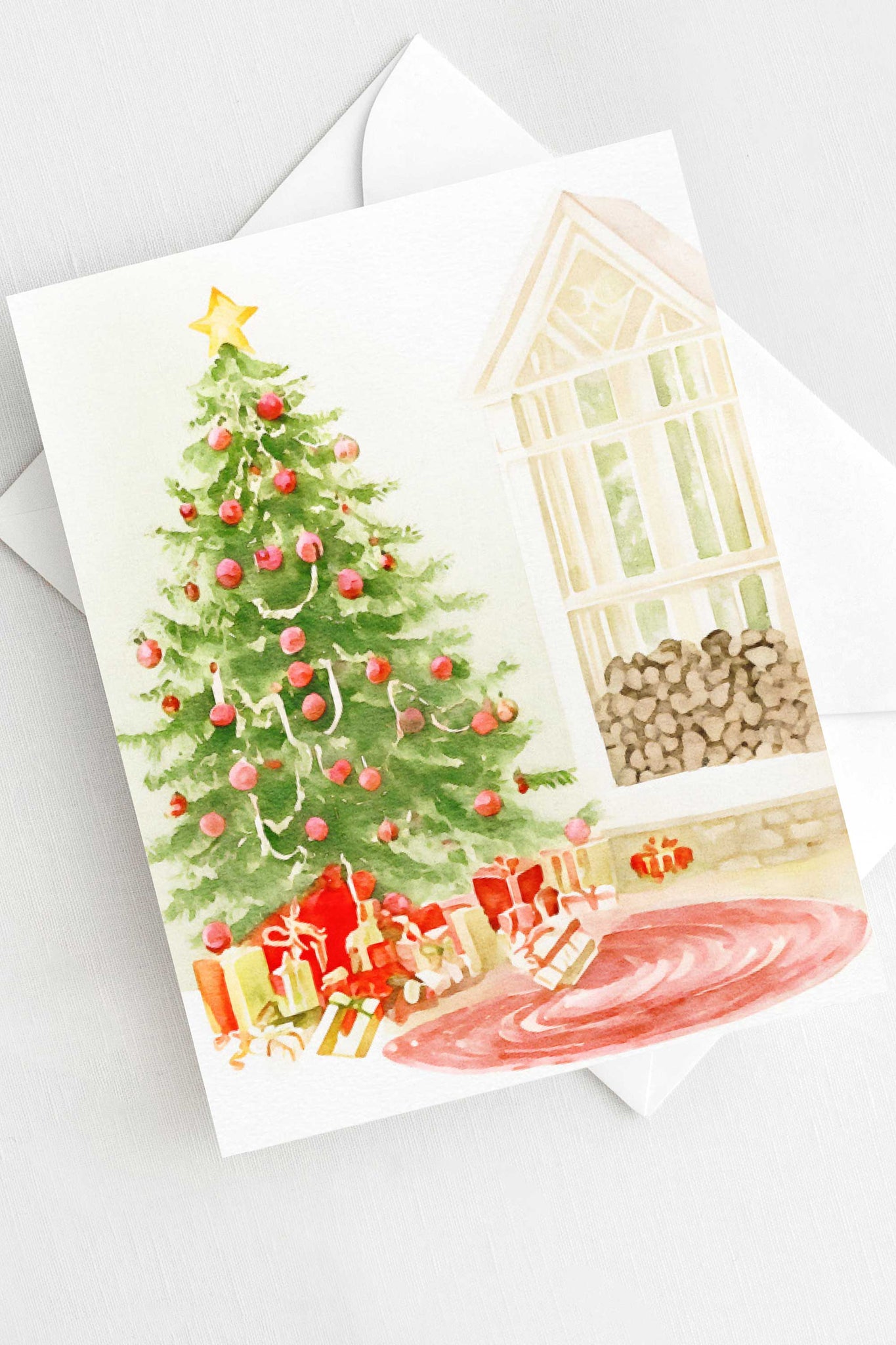 Christmas Tree and Wood Stack Holiday Card Watercolor – Tea and Becky