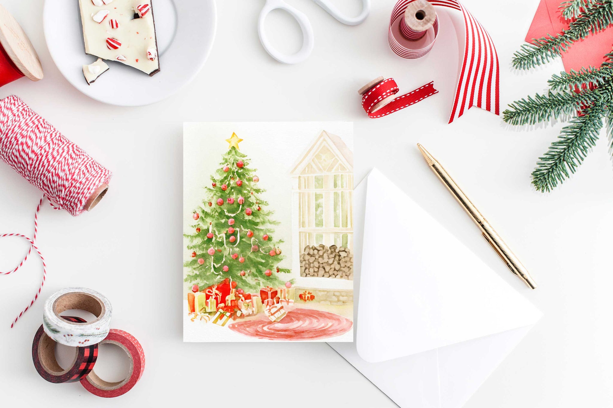 Christmas Tree and Wood Stack Holiday Card Watercolor – Tea and Becky